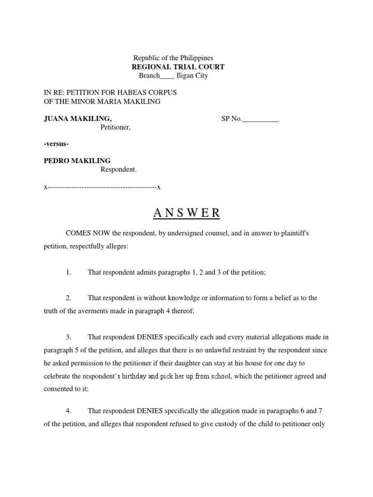 Sample Answer To Habeas Corpus | PDF | Habeas Corpus | United States Law