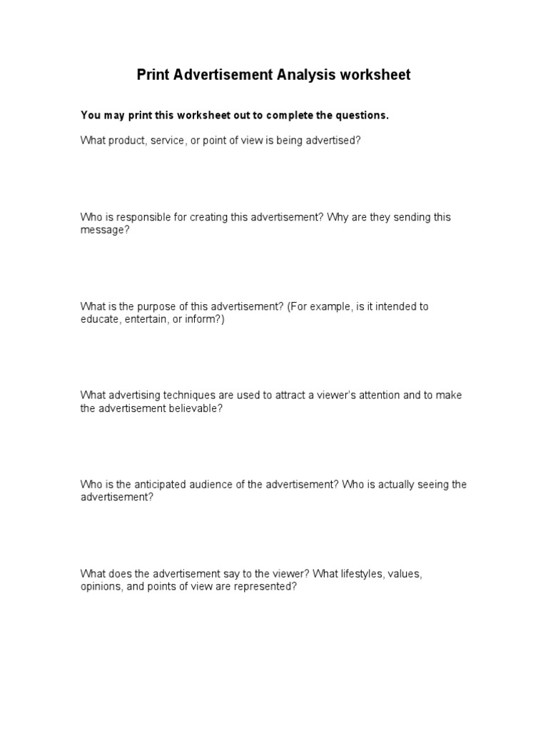 Print Ad Analysis Worksheet | PDF | Business