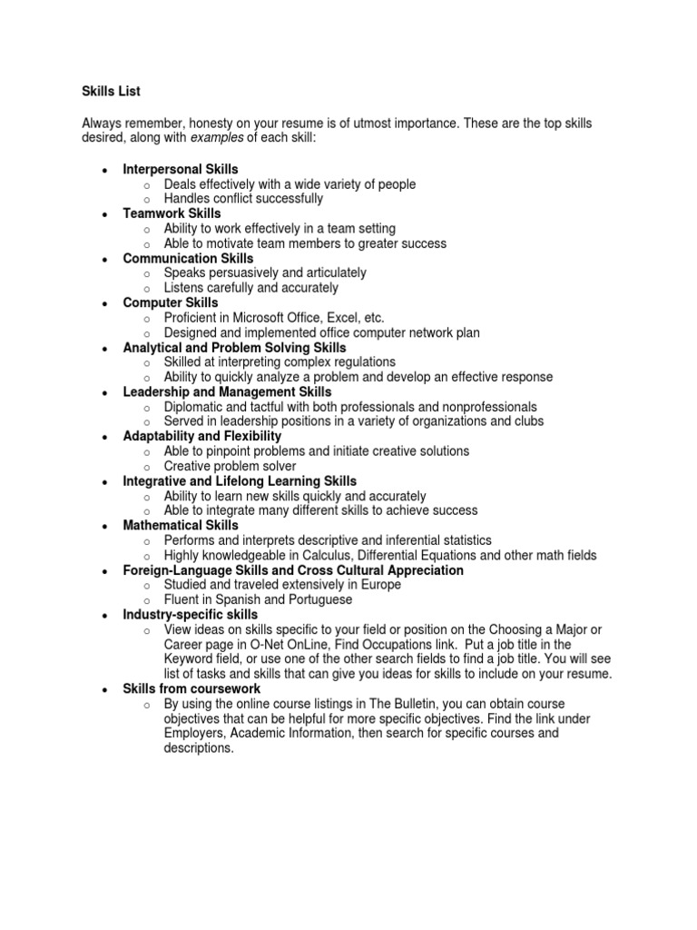 Skills List PDF