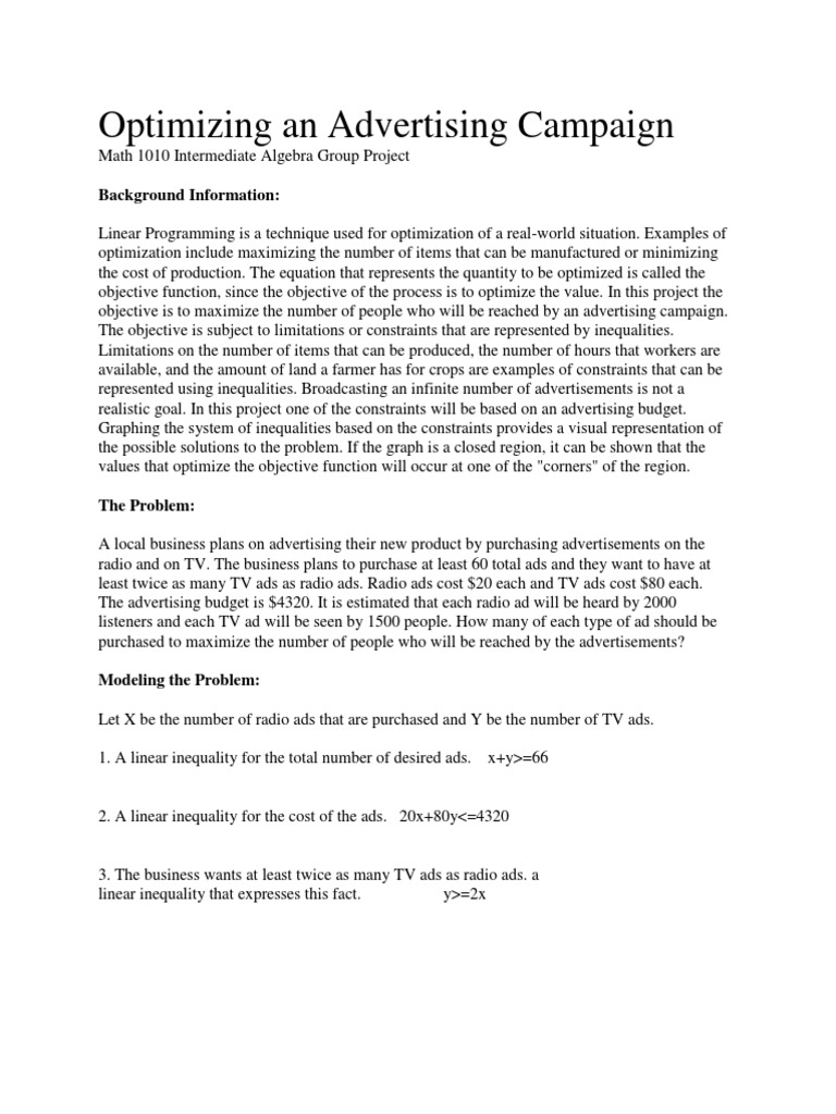 Math 1010 Optimizing An Advertising Campaign | PDF | Linear Programming ...