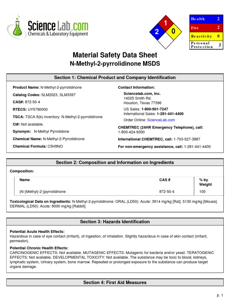 N Methyl 2 Pyrrolidone MSDS | PDF | Toxicity | Flammability