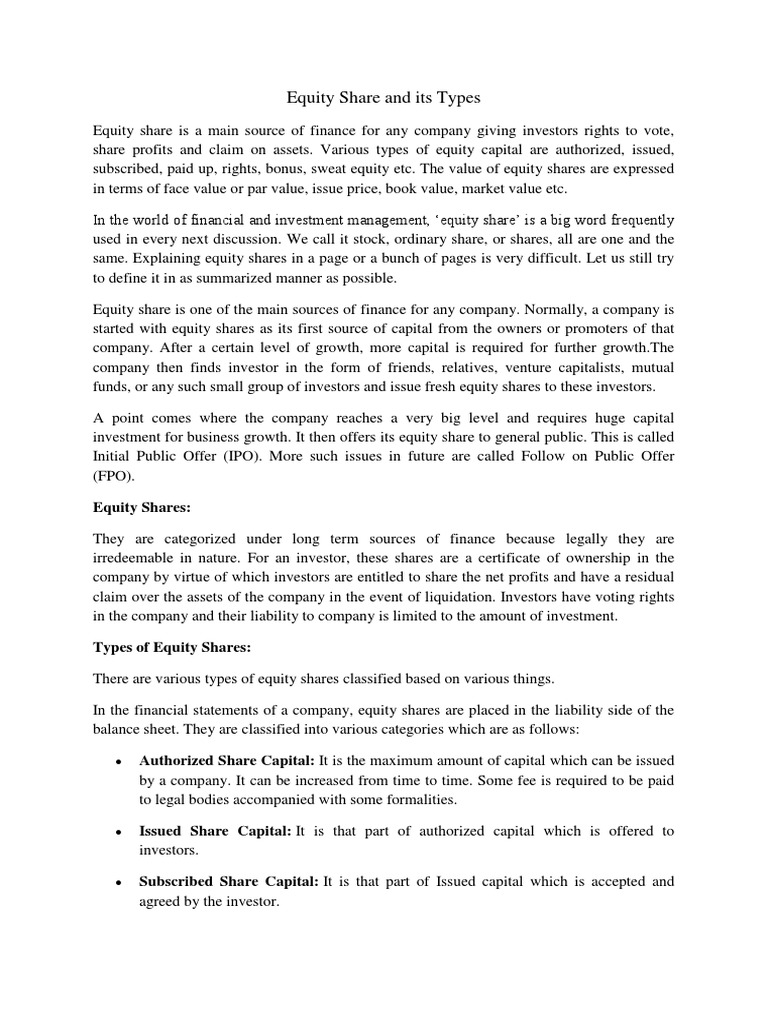 Types of Equity Shares Explained | PDF | Preferred Stock | Stocks
