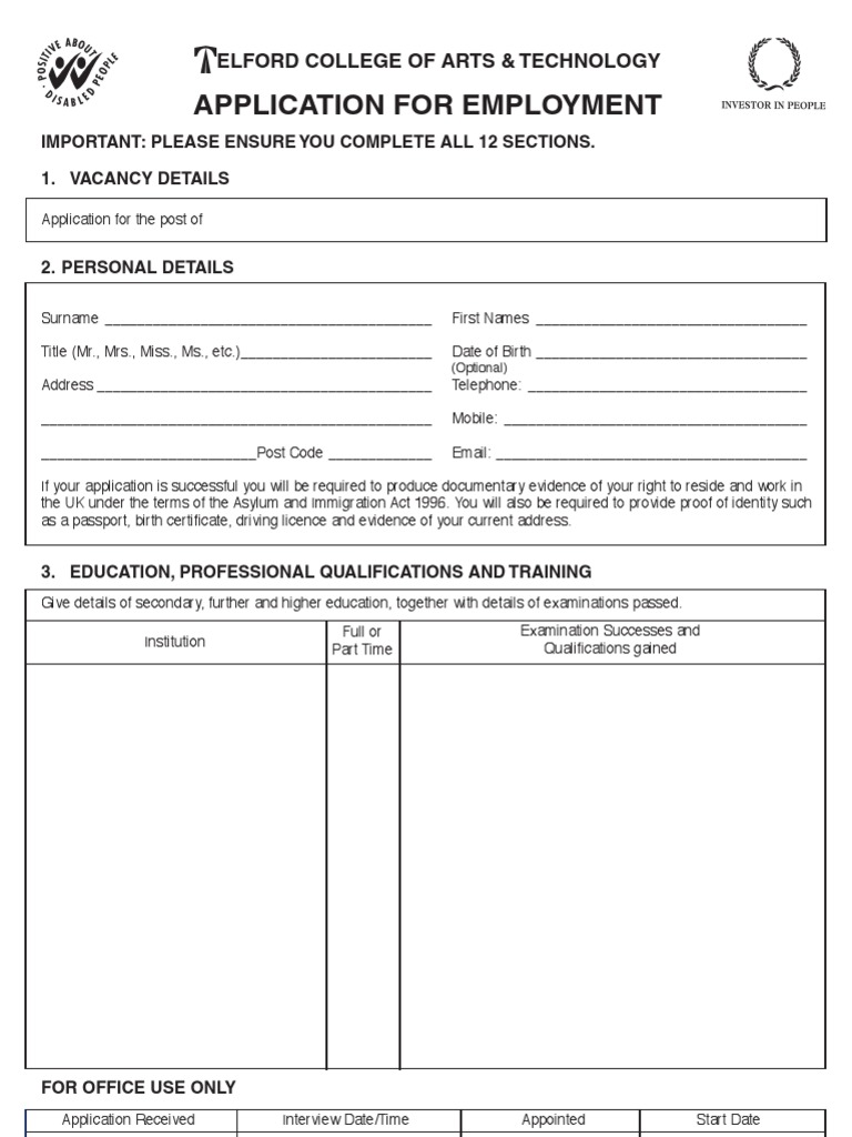 Application For Employment: Elford College of Arts & Technology | Download Free PDF | Criminal ...
