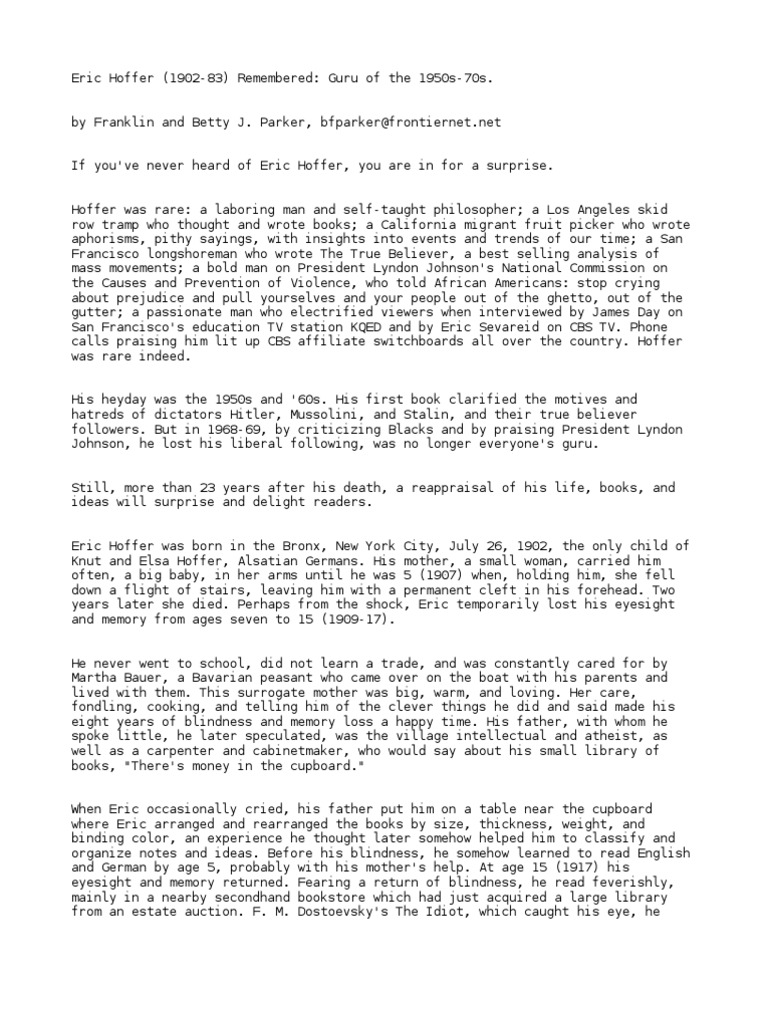 Eric Hoffer: Philosopher of the Masses | PDF | History