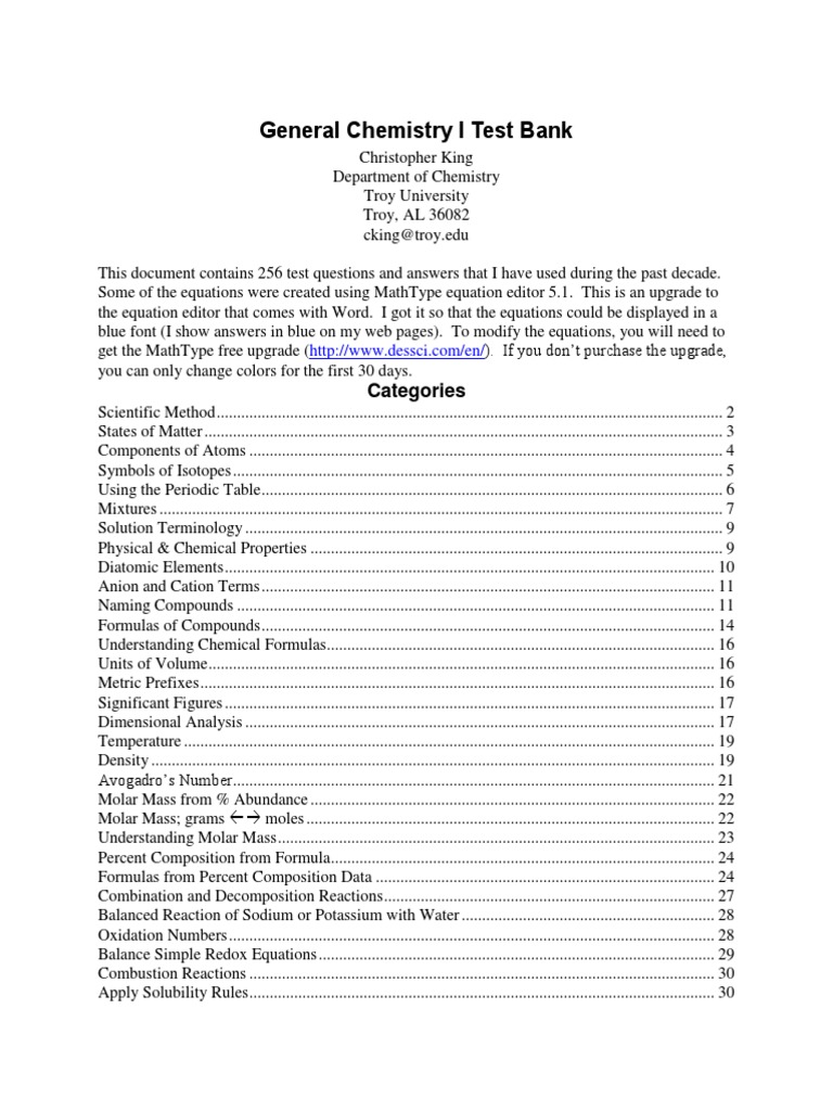 A Comprehensive Collection of General Chemistry Test Questions and ...