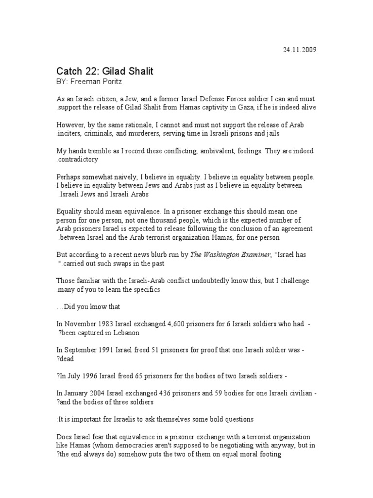 Catch-22: The Shalit Dilemma | PDF | Gilad Shalit | Arab Citizens Of Israel