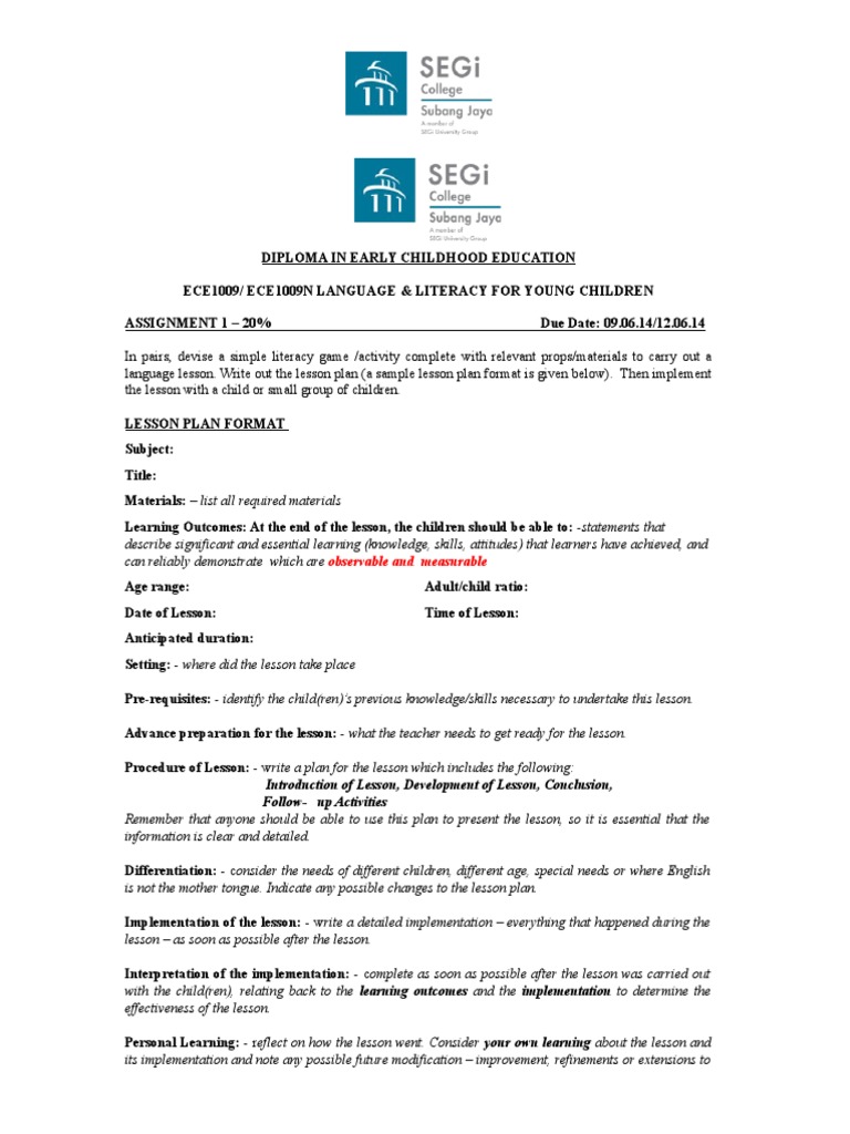 Early Childhood Literacy Lesson Plan | PDF | Lesson Plan | Early ...