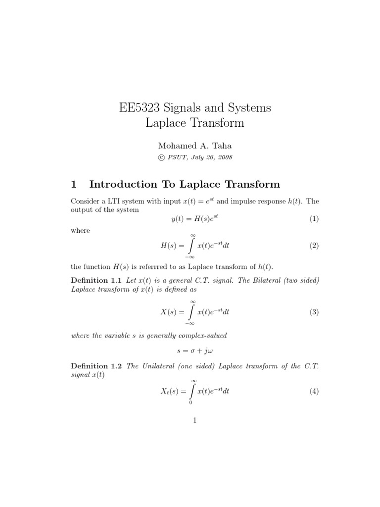 EE5323 Signals and Systems Laplace Transform | PDF | Laplace Transform | Mathematical Analysis