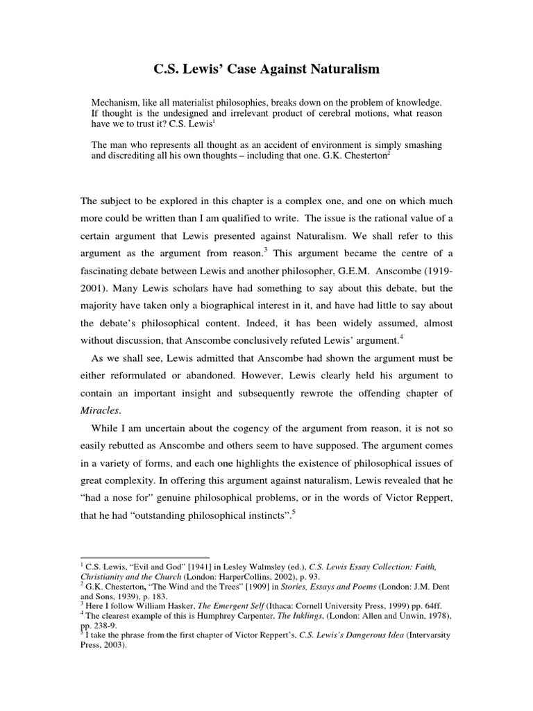 C.S. Lewis' Case Against Naturalism: Miracles | PDF | Metaphysical Naturalism | Logic