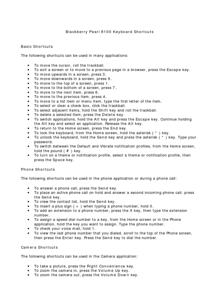 Blackberry Pearl 8100 Keyboard Shortcuts | PDF | Operating System ...