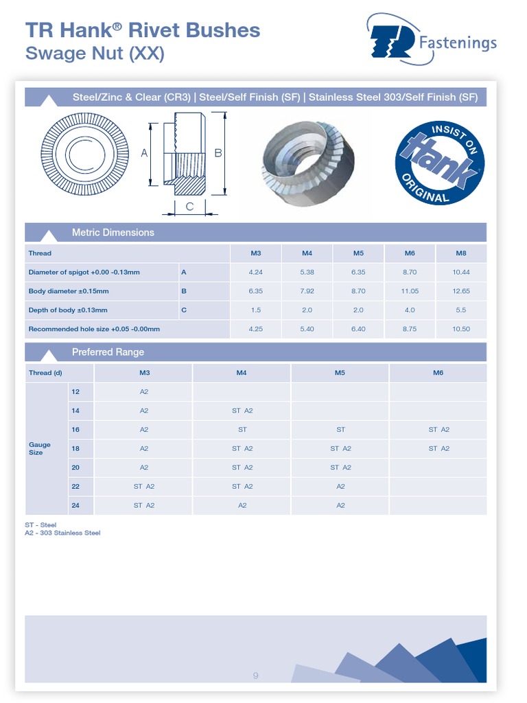 Hank® Rivet Bushes and Swage Nuts Guide | PDF | Sports & Recreation