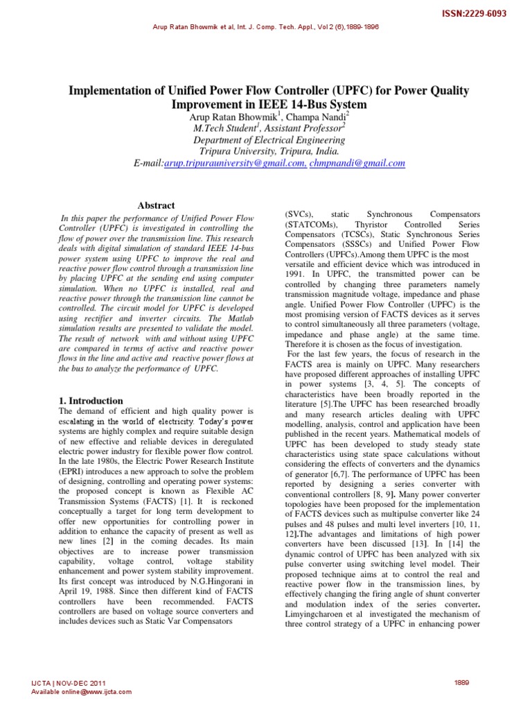 Implementation Of Unified Power Flow Controller Upfc For Power Quality Improvement In Ieee 14 