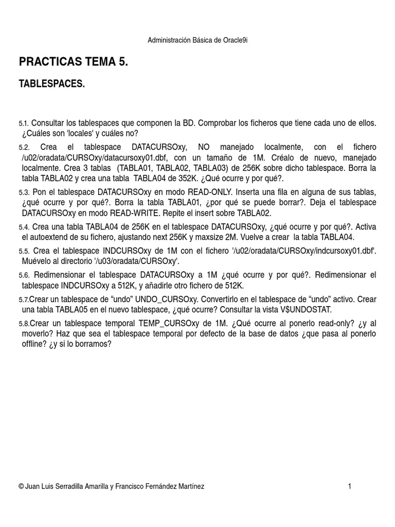 Practicas Tablespaces | PDF | Tabla (base de datos) | Archivo de computadora
