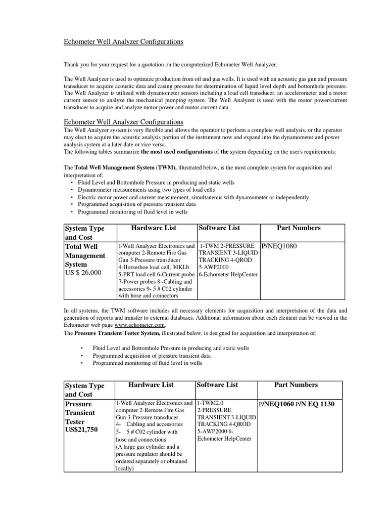 Echometer Well Analyzer Configurations | PDF | Pump | Flow Measurement