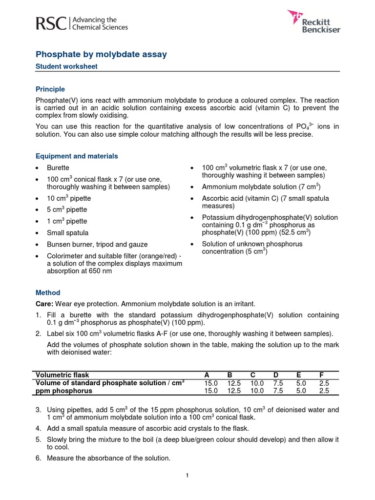 RSC Phosphate by Molybdate Assay Student PDF | Download Free PDF ...