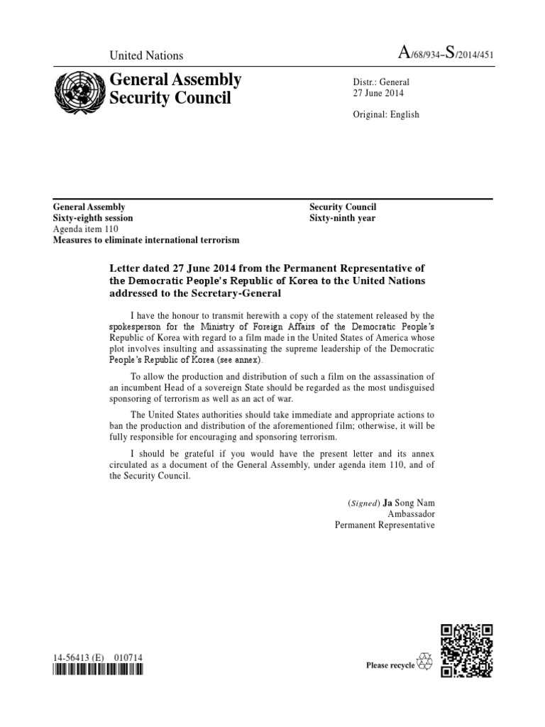 North Korea's Letter to UN | United Nations General Assembly | United ...
