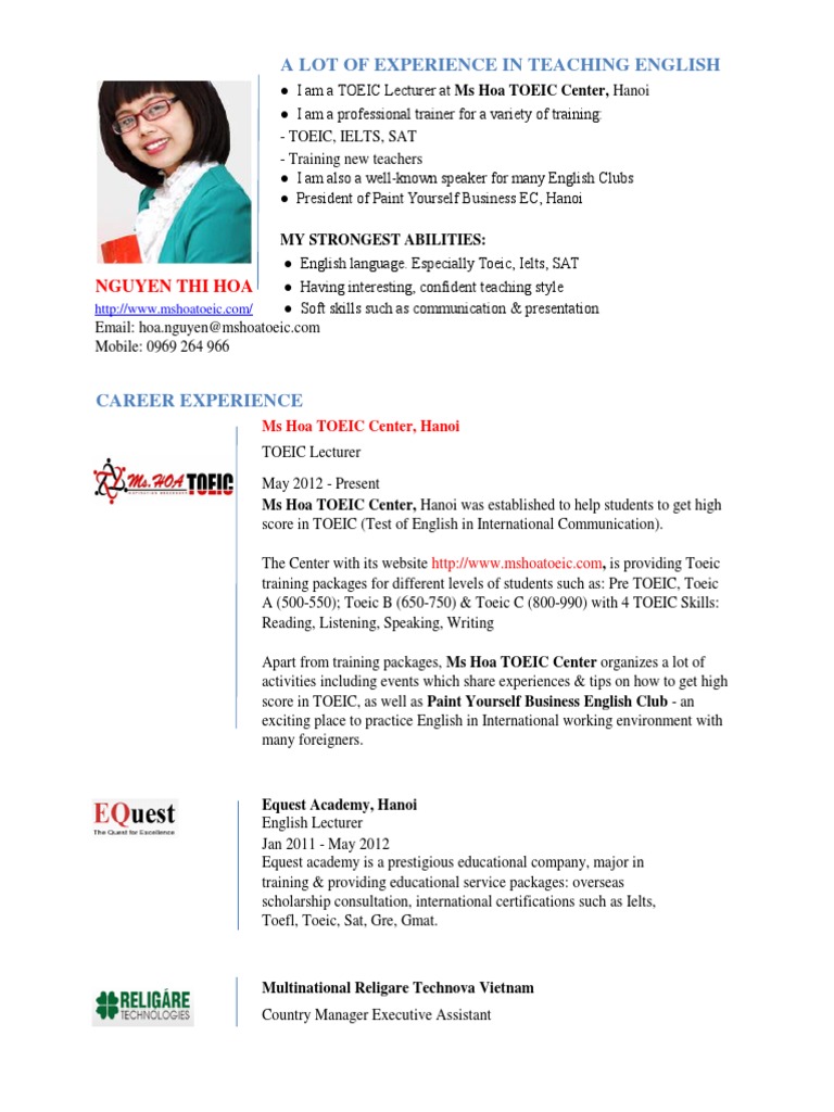 Ms Hoa TOEIC CV | Download Free PDF | English As A Second Or Foreign ...