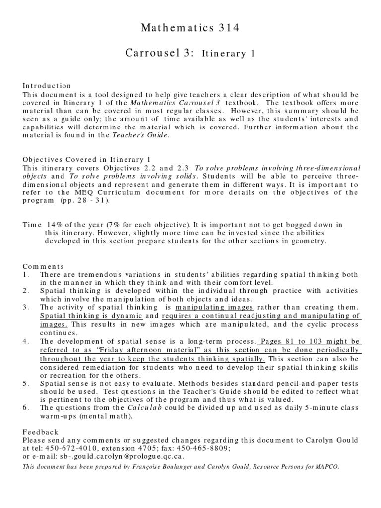 Mathematics 314 Carrousel 3:: Itinerary 1 | PDF | Cognitive Science | Behavior Modification