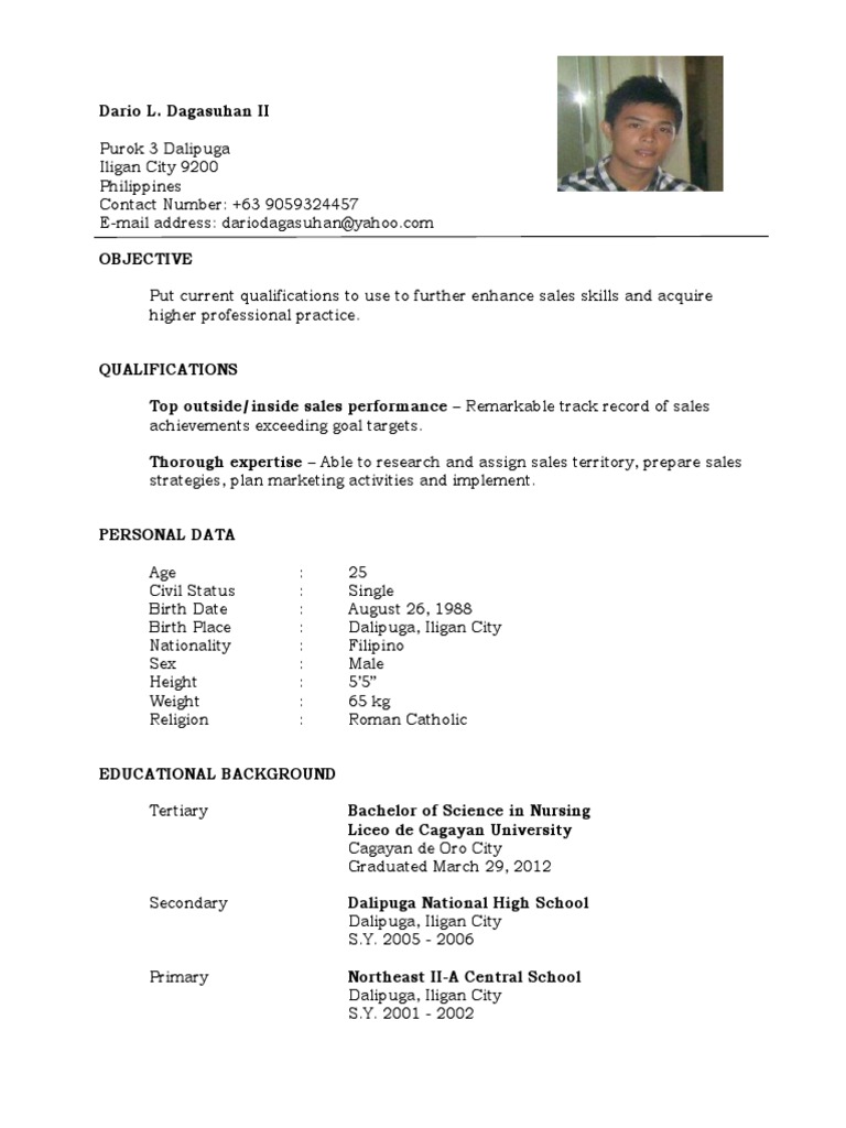 Resume Sample Format Dario | PDF | Cognition | Psychology