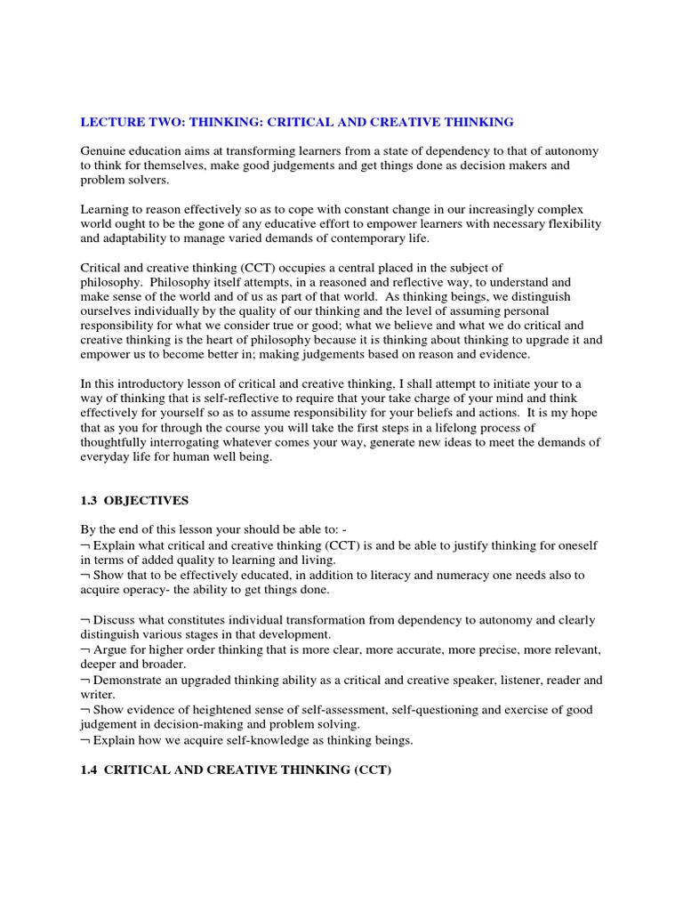 Lecture 2 - Thinking-Critical & Creative Thinking | Download Free PDF ...