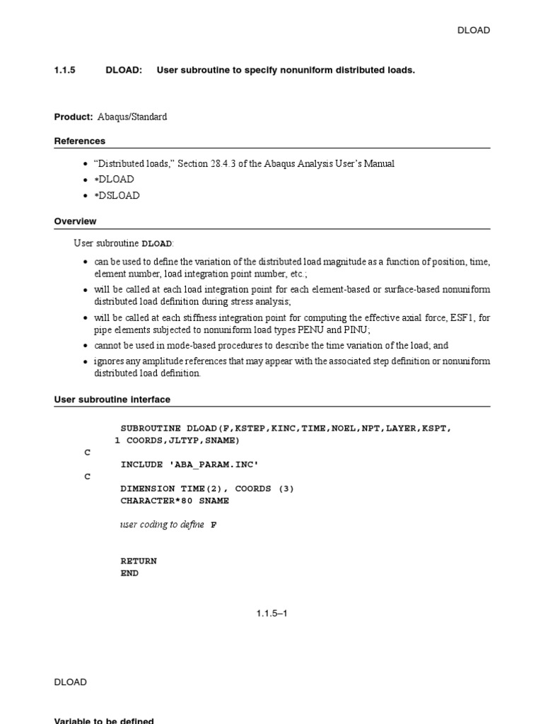 3 Dload Abaqus User Sub Rout Ins Reference Manual Pdf Subroutine Areas Of Computer Science