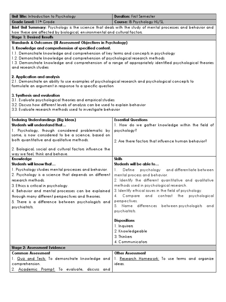 UbD Intro To Psychology | PDF | Reading Comprehension | Psychology