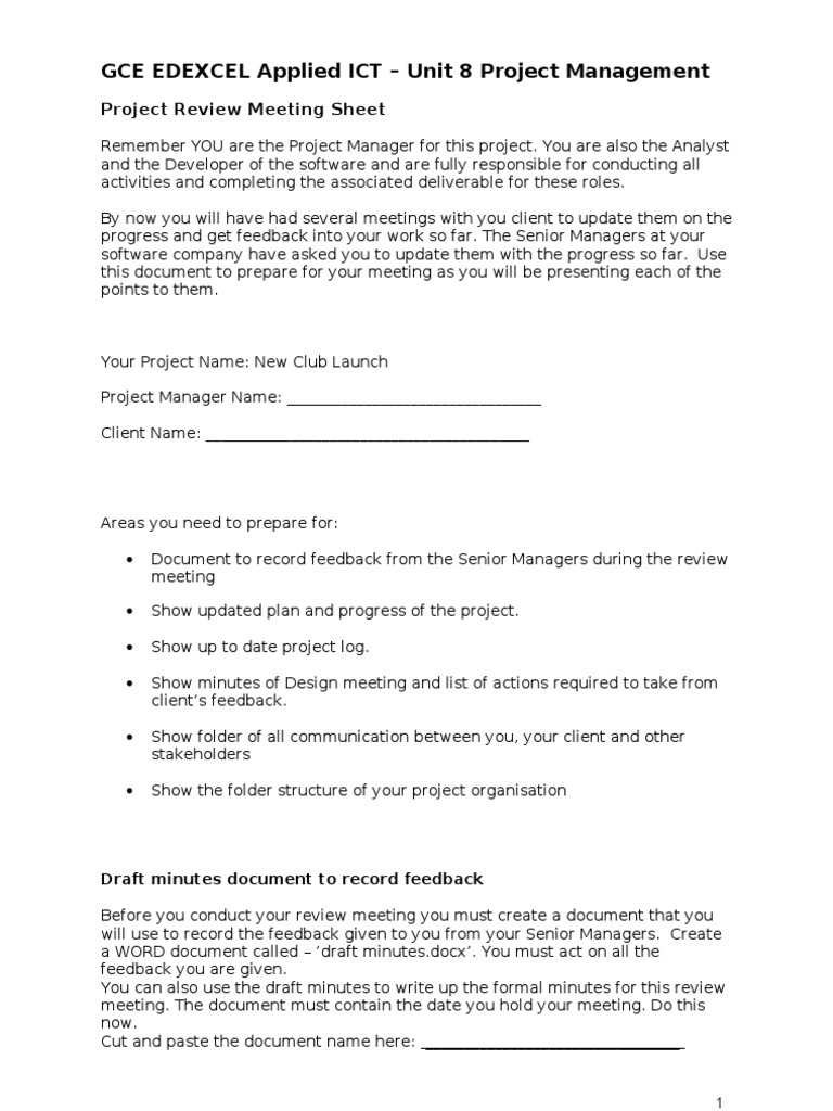 GCE EDEXCEL Applied ICT - Unit 8 Project Management: Project Review ...