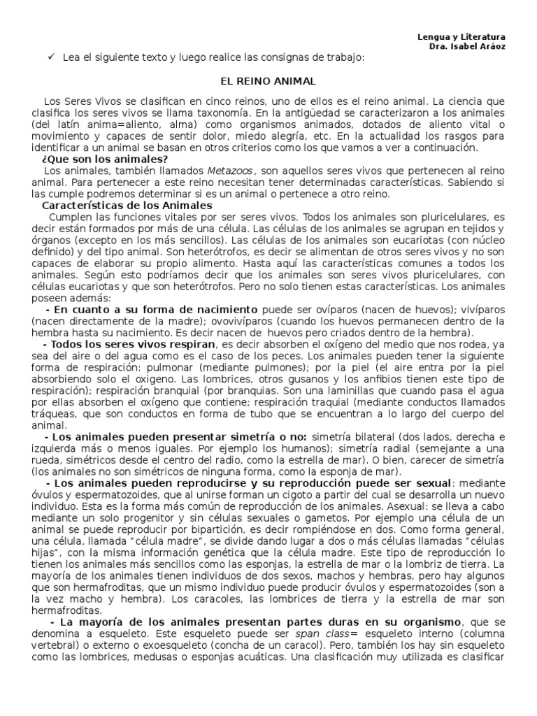 TX Expositivo El Reino Animal Características | PDF | Esqueleto | Zoología