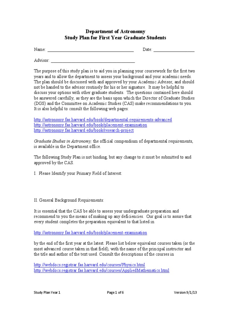 Department of Astronomy Study Plan For First Year Graduate Students ...