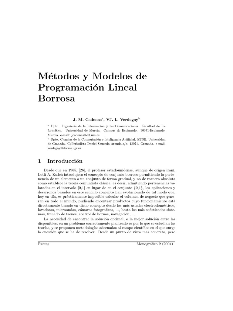 Metodos y Modelos de Programacion Lineal Borrosa | PDF | Conjunto (Matemáticas) | Conjunto convexo