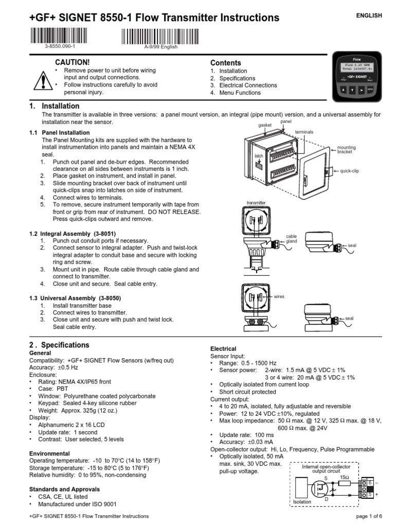 +GF+ SIGNET 8550-1 Flow Transmitter Instructions | Electrical Wiring ...