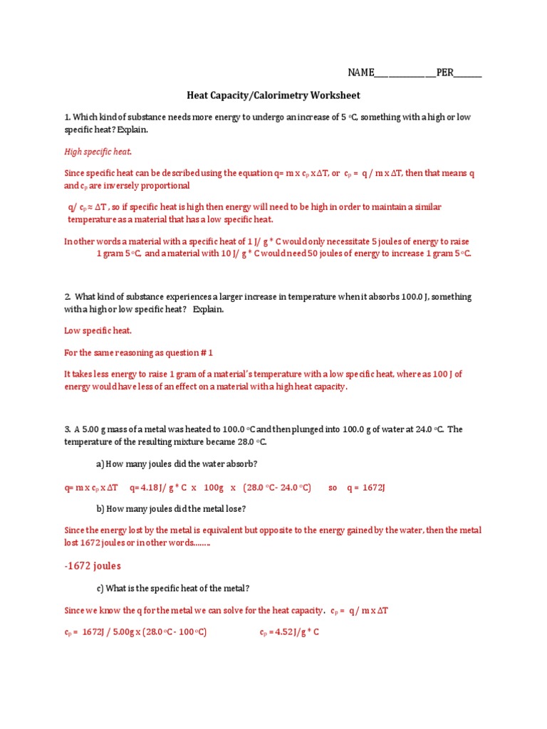 Heat Capacity - Calorimetry Worksheet Answers | PDF | Heat | Heat Capacity