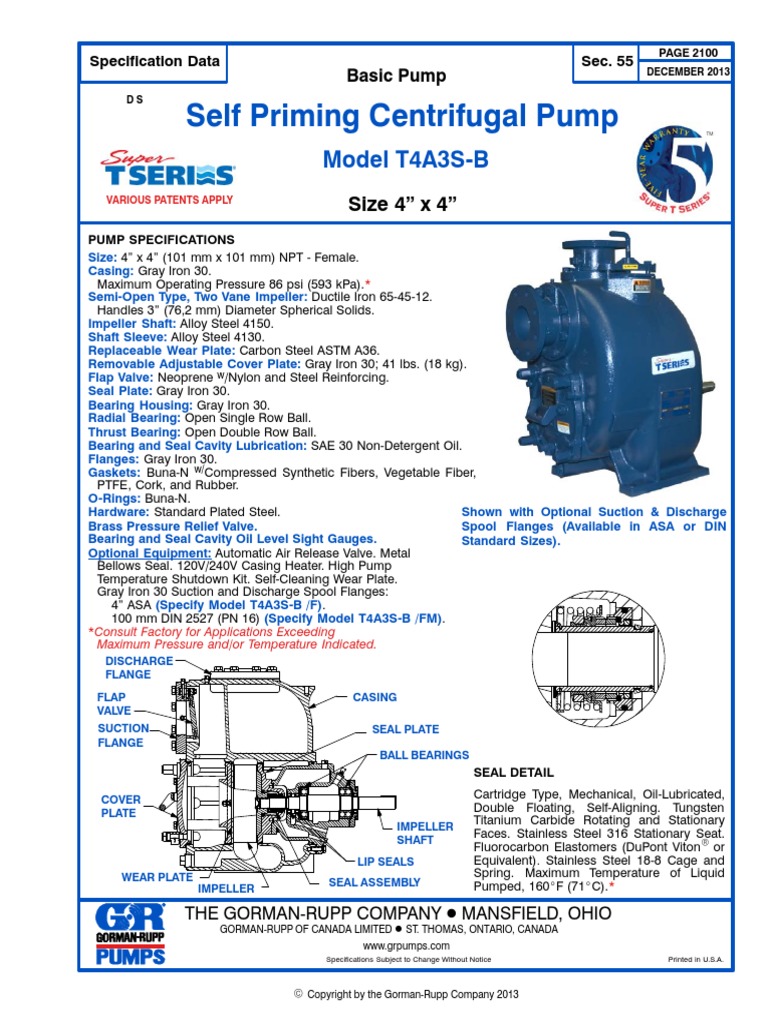 Self Priming Centrifugal Pump: Model T4A3S B | PDF | Bearing ...