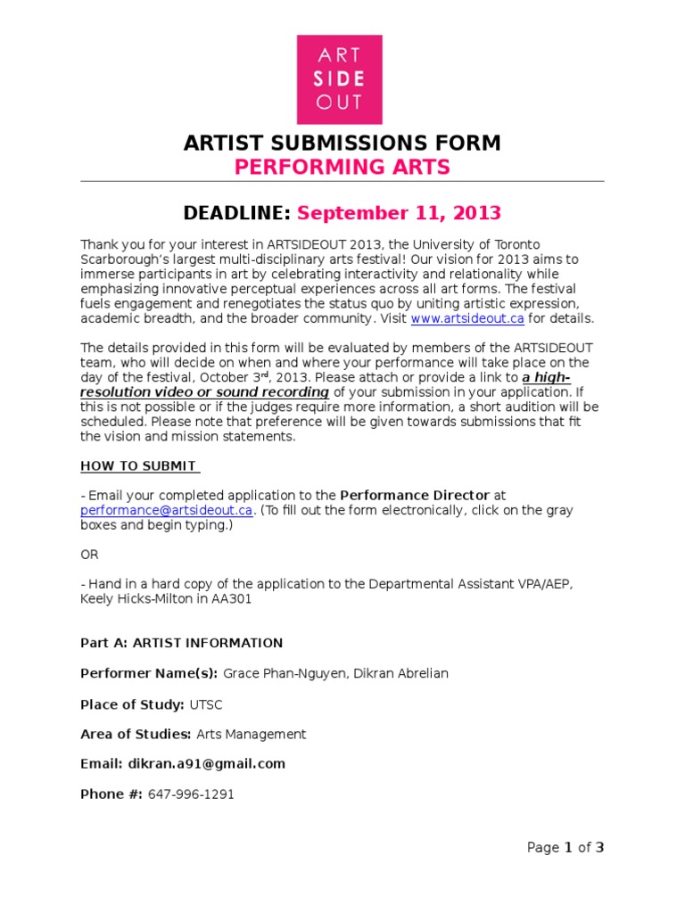 Artist Submissions Form: Performing Arts | PDF