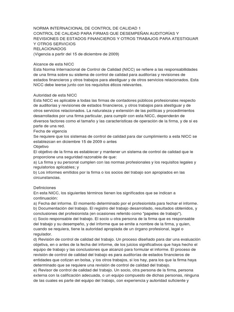 Resumen NICC 1 | PDF | Recursos humanos | Calidad (comercial)
