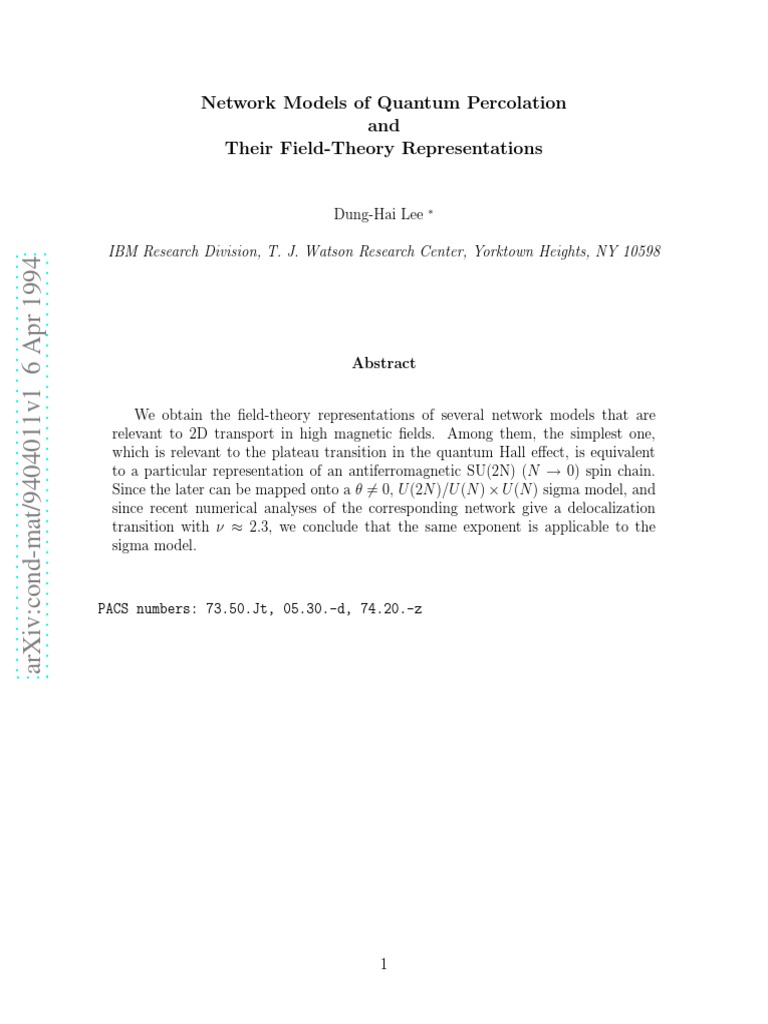 Network Models of Quantum Percolation and Their Field-Theory Representations | PDF | Spin ...