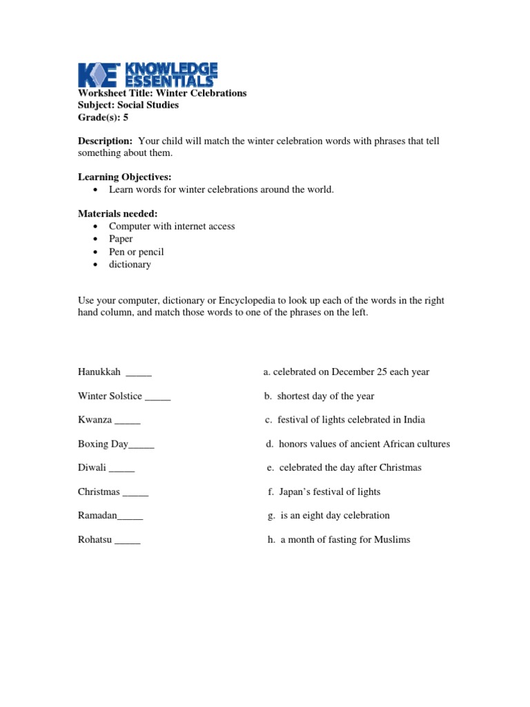 Worksheet - Grade 5 - Language Arts - Winter Celebrations | PDF