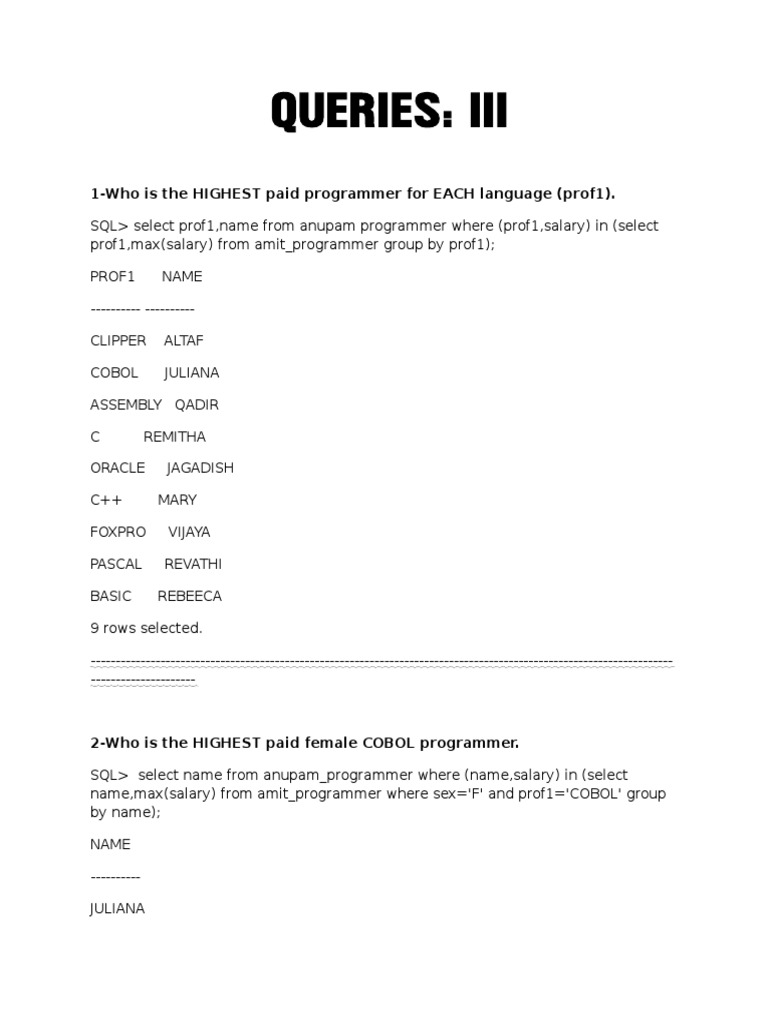 Queries: Iii: 1-Who Is The HIGHEST Paid Programmer For EACH Language ... Queries: Iii: 1-Who Is The HIGHEST Paid Programmer For EACH Language ...
