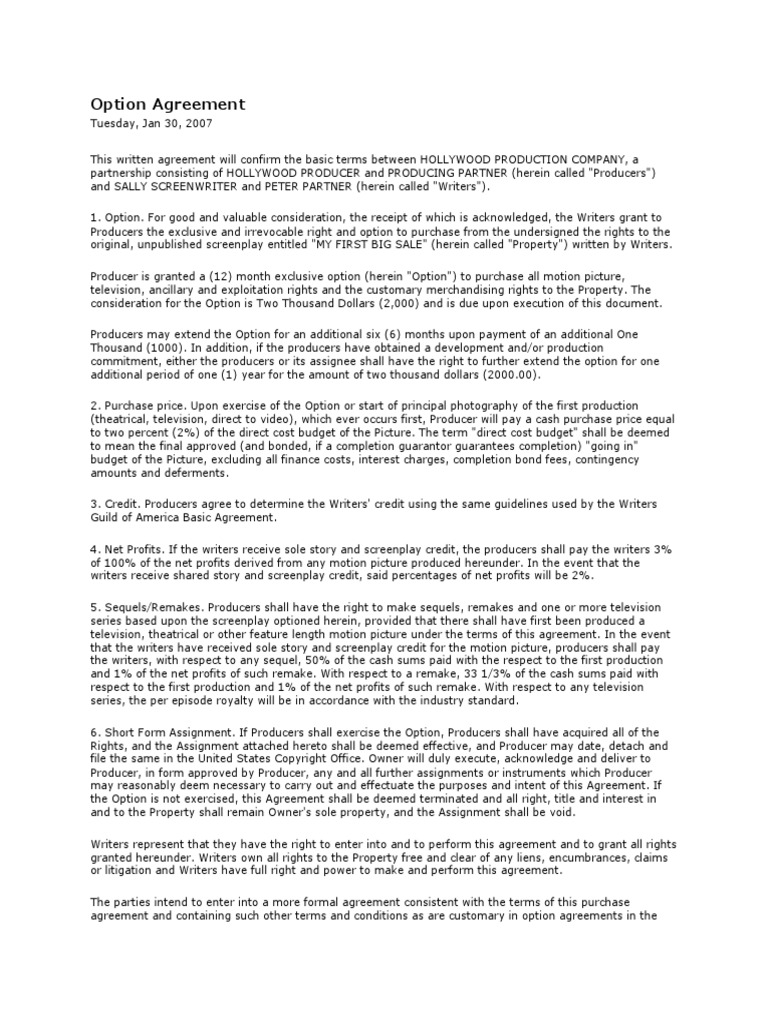 Option Agreement | PDF | Assignment (Law) | Option (Finance)