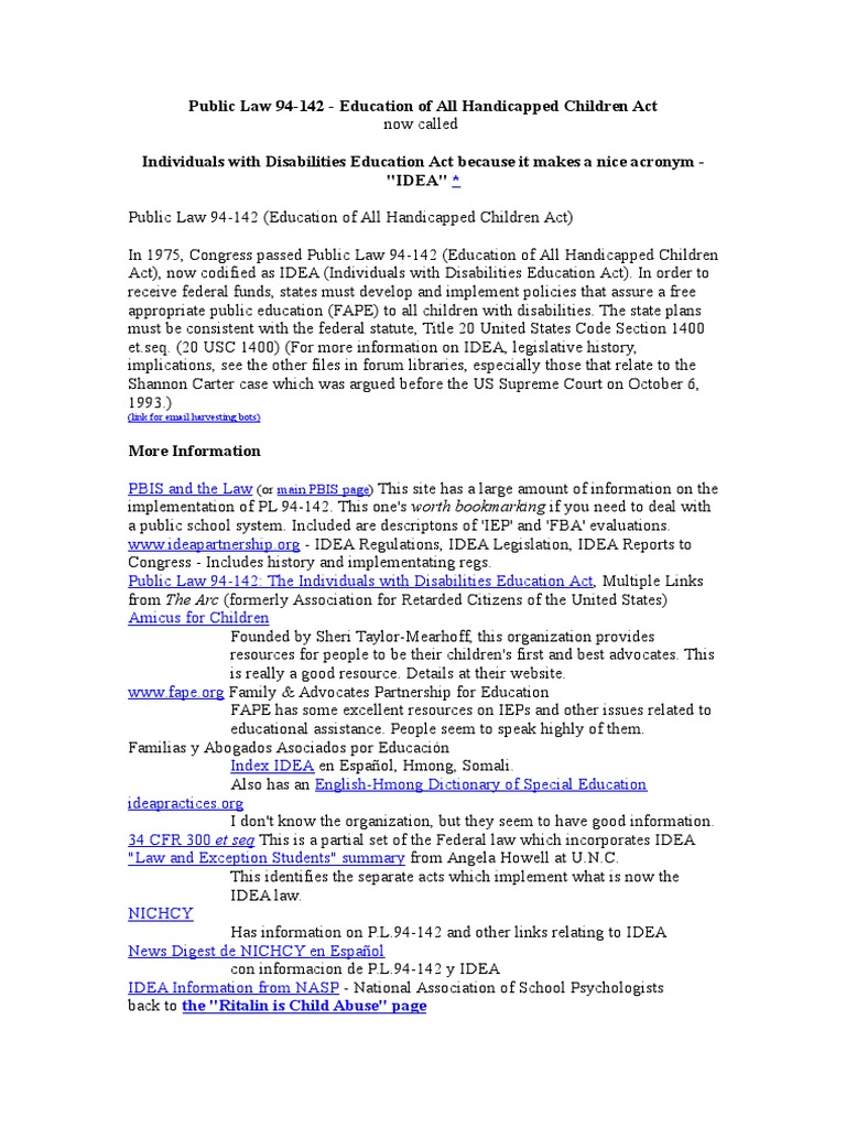 Public Law 94-142 - Education of All Handicapped Children Act | PDF