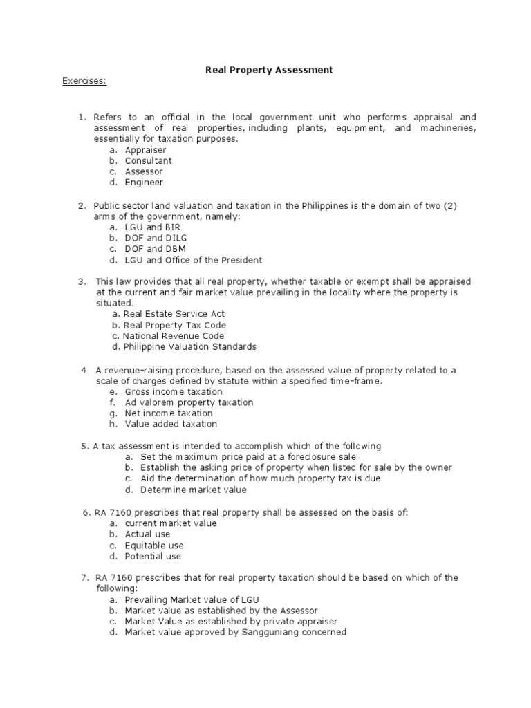 11.23.13 MOCK EXAM Real Property Assessment Exercises No Answer | PDF ...