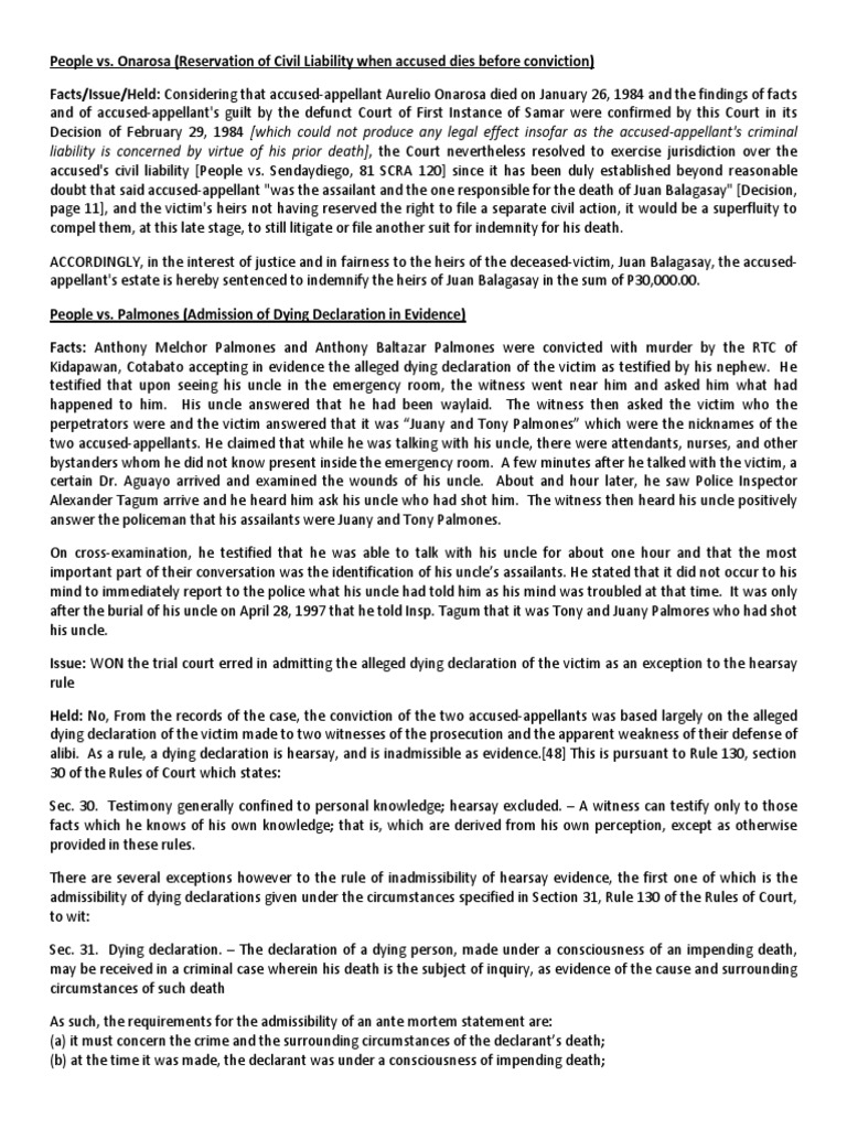 Evid Case Digest - Onarosa-Palmones-Lariosa (By Ople) | PDF | Hearsay | Witness