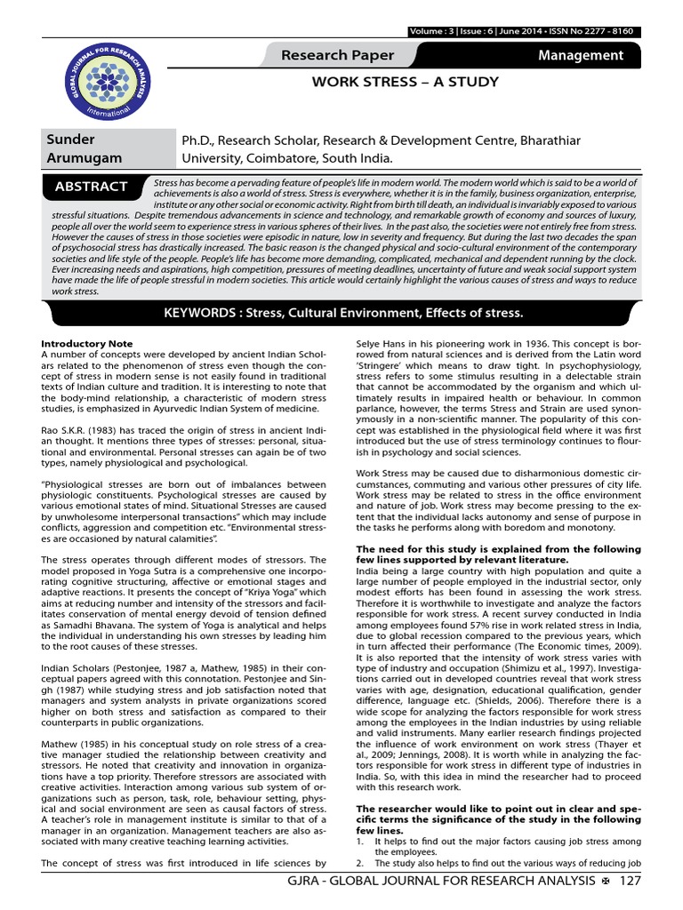 Research Paper Work Stress - A Study | PDF | Stress (Biology ...
