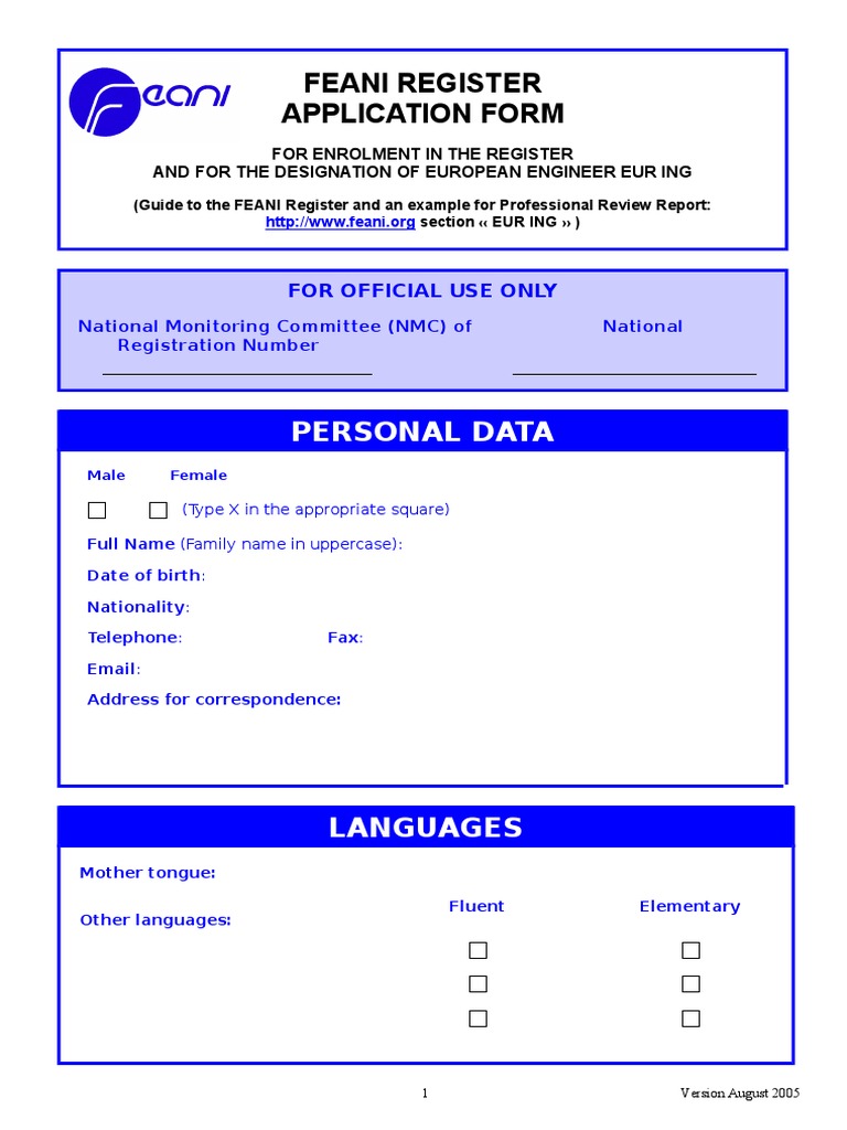 Feani Register Application Form: Personal Data | PDF | Engineering