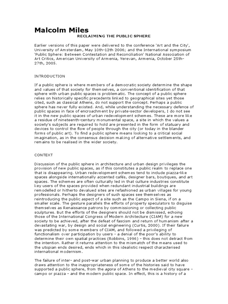 Malcolm Miles Reclaiming The Public Sphere | PDF | Public Sphere ...