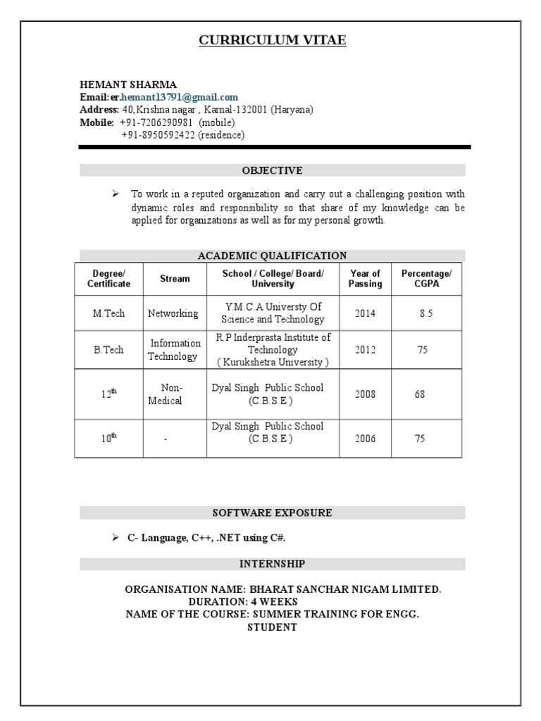 Curriculum Vitae: Degree/ Certificate Stream School / College/ Board ...