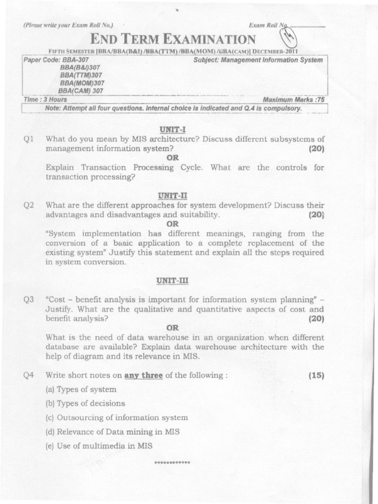 BBA Management Information Systems Exam | PDF