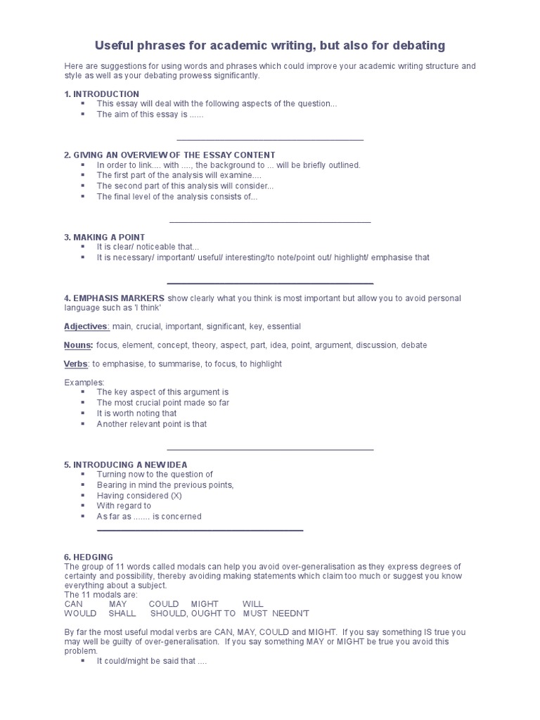 Useful Phrases For Academic Writing | PDF | Essays | Phrase