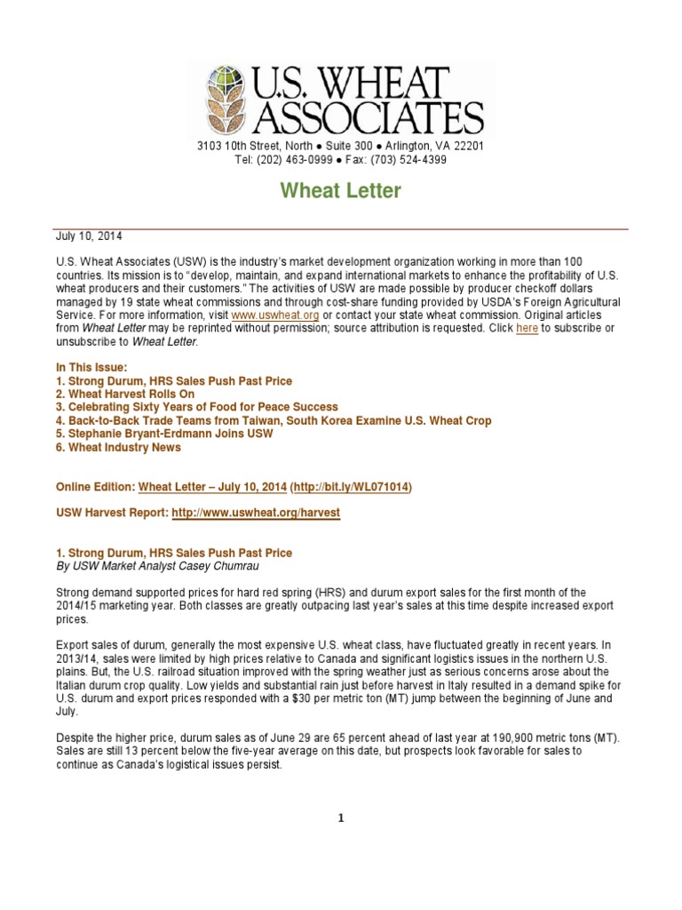 Wheat Letter: by USW Market Analyst Casey Chumrau | PDF | Agriculture ...