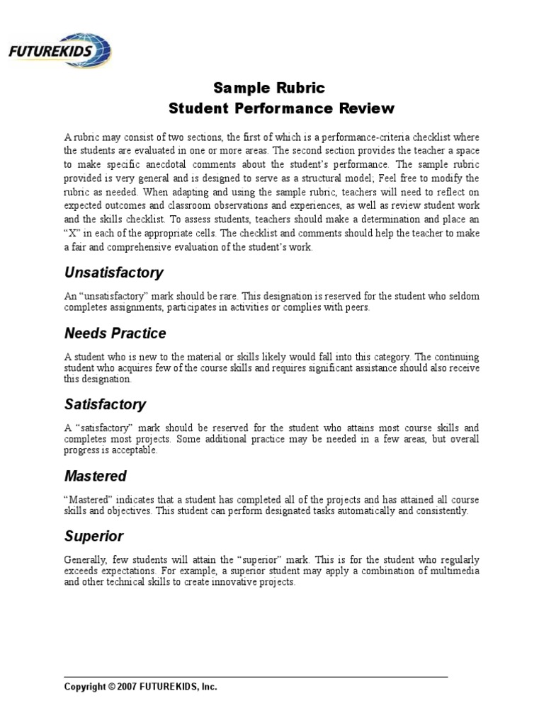 Sample Rubric Student Performance Review: Unsatisfactory | PDF | Rubric ...